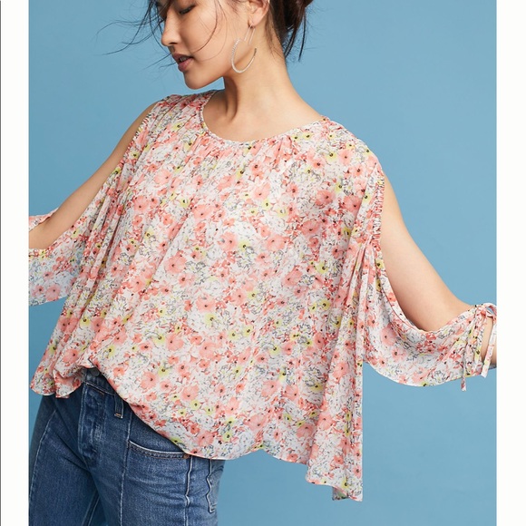 Anthropologie | Tops | Anthropologie Dina Agam Kiva Open Shoulder Floral Blouse Top Chiffon ...
